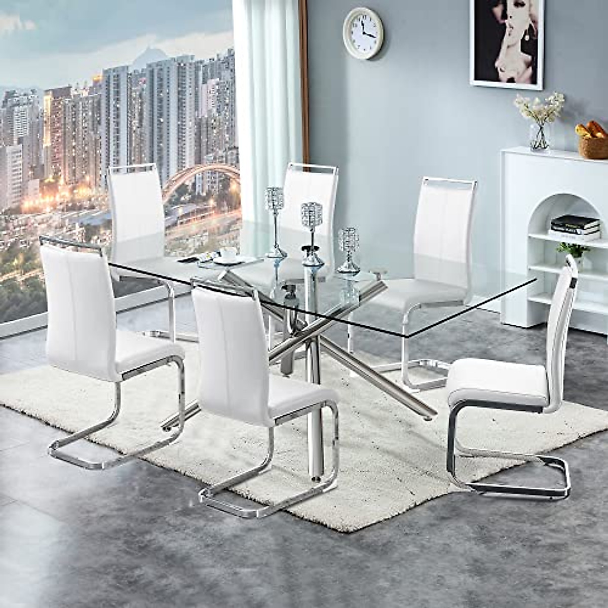 Ebullient 63" Glass Dining Table Set for 6 Modern Tempered Glass Top Dining Room Table with 6 Pcs White Faux Leather Dining Chairs，Kitchen & Dining Room Sets (Silver Base, White)