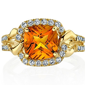 PEORA Citrine Elegant Halo Ring for Women 14K Yellow Gold with White Topaz, Genuine Gemstone Birthstone, 2 Carats Cushion Cut 8mm, Size 9