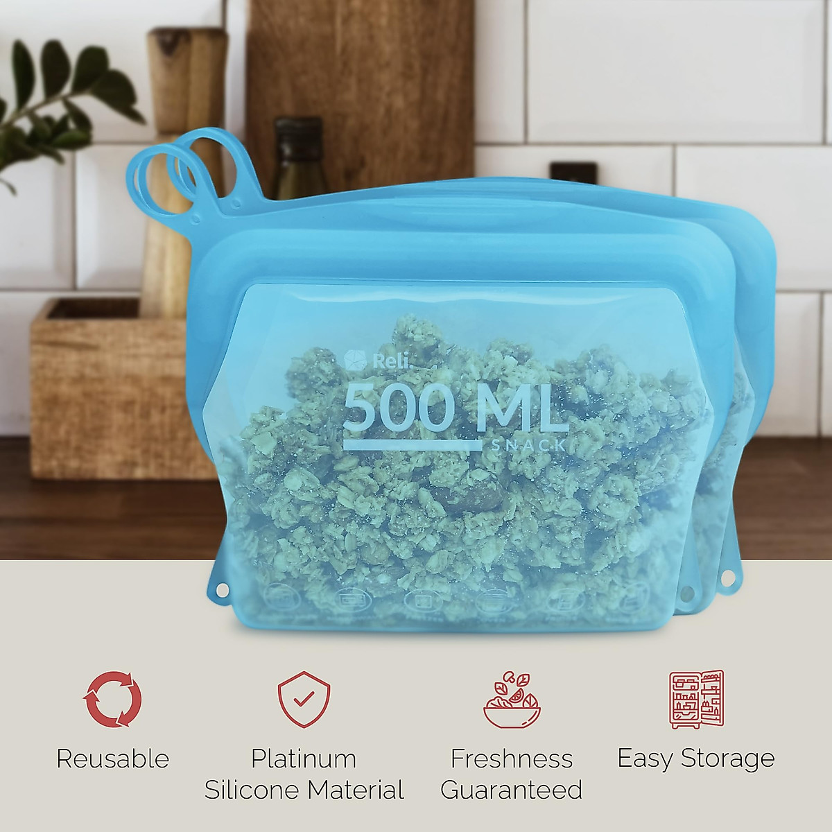 Reli. Reusable Silicone Bags (2 Pack) | Snack (500 ml) - Aqua | Silicone Bags for Food Storage | Small Reusable Food Storage for Meal Prep, Lunch Boxes | Leak-Proof, Dishwasher/Freezer Safe