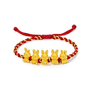 ZHOU LIU FU Real Gold Charm Bracelets for Women, Adjustable 5 Lucky Rabbit 24K Solid Gold Jewelry Braided Red Bracelet, Fortune Rabbit Charm Bracelets Lucky Bunny Pure Gold Bangle Bracelets