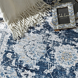 jinchan Washable Area Rug 5x7 Low Pile - Bedroom Rug Indoor Dark Blue Floral Print Stain Resistant - Boho Carpet Distressed Vintage Ultra-Thin Non-Slip Rug Accent Rug Living Room Dining Room Kitchen