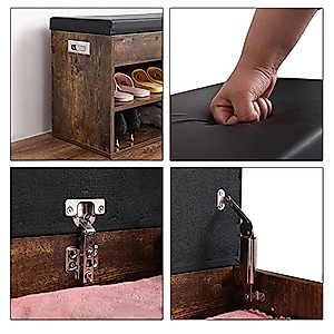 TINSAWOOD Shoe Cabinet Storage Bench with Cushion, 3-Tier Entryway Shoe Rack Open Compartment for Shoes and Boots, Retro Brown