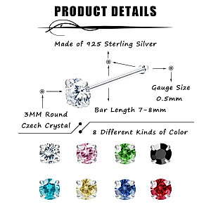 Sllaiss 8Pcs 22G Sterling Silver Nose Rings Studs Pin for Women Men 3MM Mix Color Round Czech Crystal Nose Body Piercing Jewelry