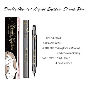 LOKFAR 6 Pcs Double-Side Liquid Eyeliner Stamp Pen Set, Eye Liners for Women Waterproof Eyeliner Pencil Black Eye-liner Stencils Long-Lasting Tattoo Makeup-Triangle,Star,Moon,Heart,Flower,Smiley