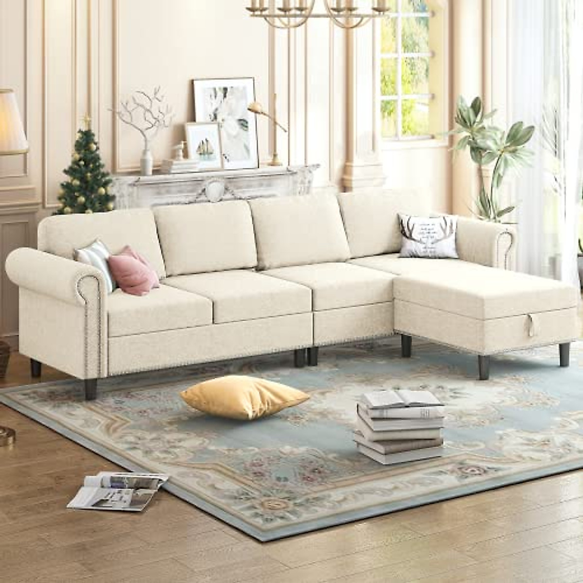 ZAFLY Convertible Sectional Sofa Couch with Movable Storage Ottoman, Linen 4 Seat L Shape Couch with Reversible Chaise, Living Room Sets for Office, Apartment (Beige)