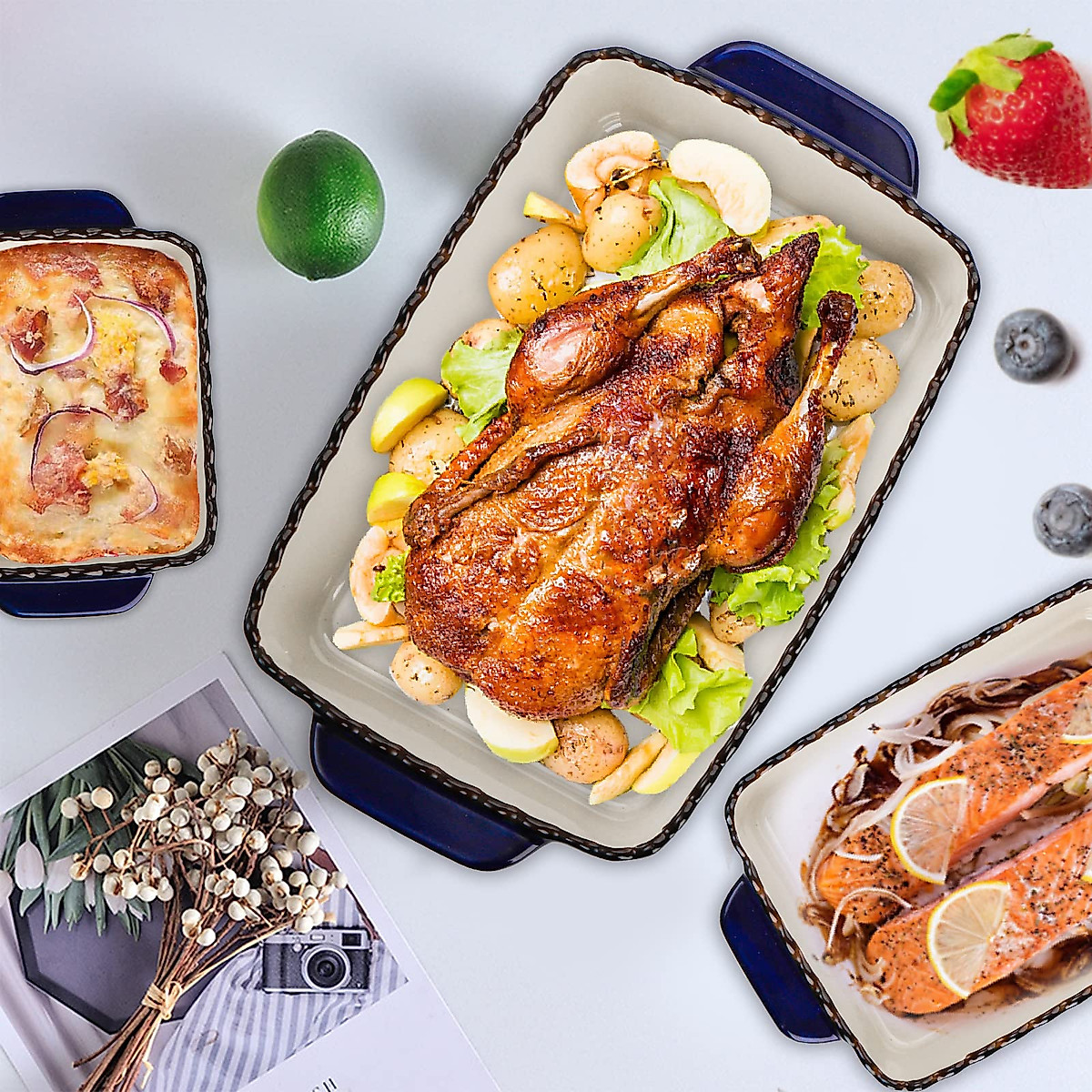 AVLA 3 Pack Ceramic Bakeware Set Porcelain Rectangular Baking Dish Lasagna Pans for Cooking Kitchen Casserole Dishes Cake Dinner 12 x 8.5 x 6 Inches of Baking Pans Banquet and Daily Use Cobalt Blue