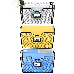 EasyPAG 3 Single Pocket Metal Chicken Wire Hanging File Organizer with Tag Slot - Perfect for Paper, File Folder Organization,Black
