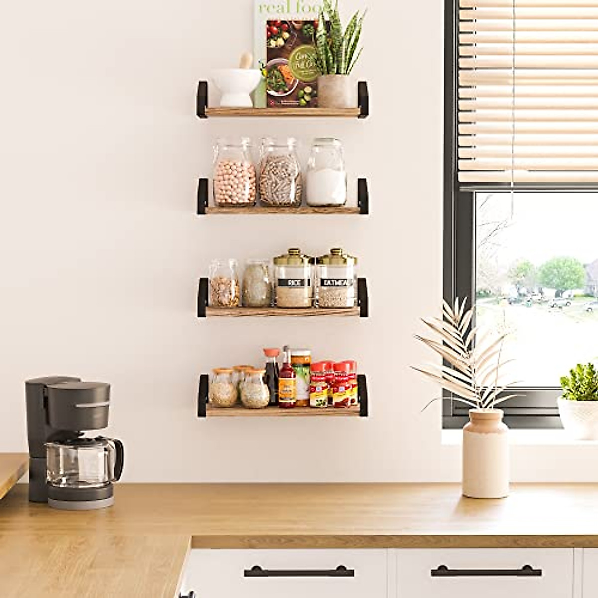 Wallniture Braga Floating Shelves for Wall Decor, Bookshelf Living Room Decor, Bathroom Organizer & Wall Shelves, Kitchen Organization, Burnt Finish Set of 4