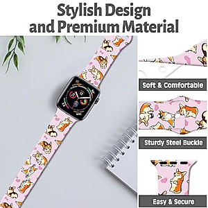 Cute Corgis Watch Bands Compatible with Apple Watch 38mm 40mm, Adjustable Kawaii Corgi Dogs Pattern Wristbands Soft Silicone Replacement Strap for iWatch Series 7 6 5 4 3 2 1 SE