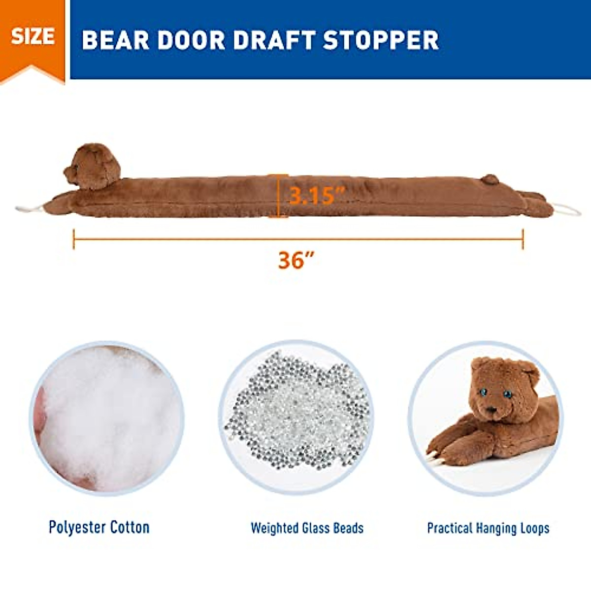 MAGZO Under Door Draft Stopper 36 Inch, Weighted Animal Noise Blocker for Door, Bear Draft Guard with Hook Loops