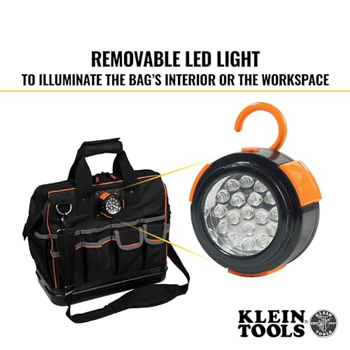 Klein Tools 55431 Tool Bag with Molded Bottom, Padded Shoulder Strap and Lighted Tool Storage with 31 Pockets