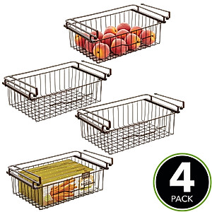 mDesign Large Metal Wire Hanging Pullout Drawer Basket - Sliding Under Shelf Storage Organizer - Attaches to Shelving - Easy Install - 4 Pack - Bronze
