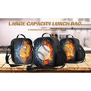Insulated Durable Lunch Box with Shoulder Strap, Teen Boys/Adult Ice Fire Football Small Lunch Bag, Lunch Tote Box Bag for Office/Picnic/Beach