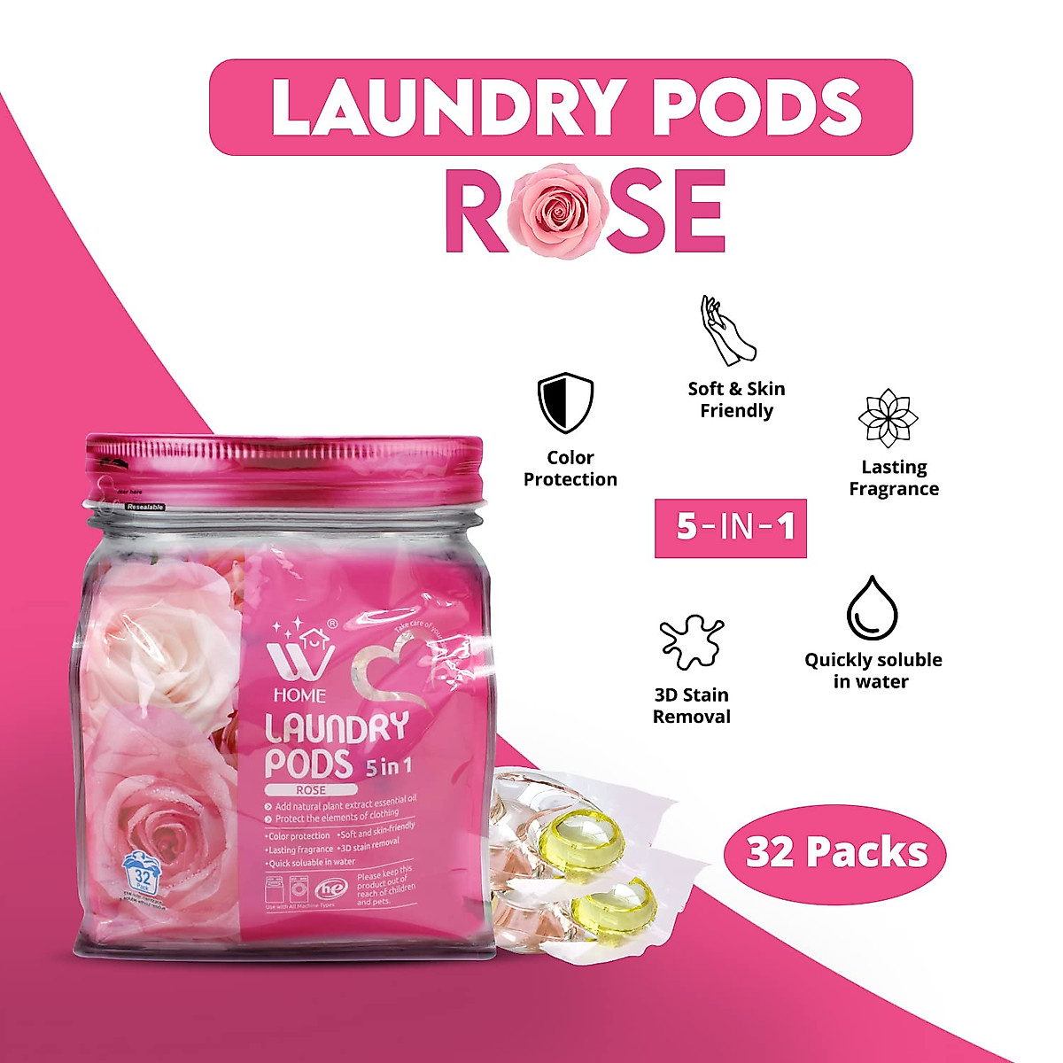 Natural Solution 5-in-1 Laundry Pods, Total 96 Count, Ultra Concentrate with Powerful Stain Lifter Technology, Fabric Softener With Rose Extracts, Detergent Pods, 32 Count/Each (Pack of 3)