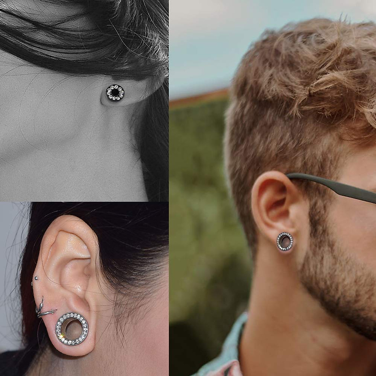 Stuppendux 4Pairs Stainless Steel with Zircon Double Flared Ear Gauges Tunnels Plugs Flesh Expander Earrings Body Piercing Jewelry Set for Women Men 5/8" 16mm