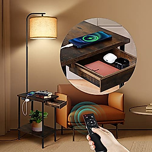 OUTON Floor Lamp with Table, Dimmable Stand Lamp with Shelf, Drawer, USB & Type C Charging Port, AC Outlet, Wood Vintage Nightstand, Side End Table with Lamp Attached for Office Bedroom Living Room