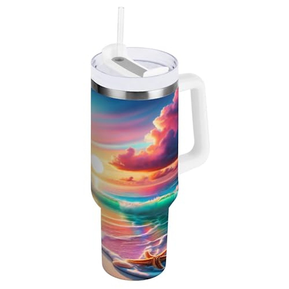Jihqo Sandy Beach Colorful Sunset 40 oz Stainless Steel Vacuum Insulated Tumbler with Handle and Straw Lid, Leakproof Water Bottle Double Wall Travel Mug Coffee Cup, Cupholder Friendly