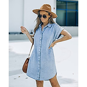 KDF Denim Dress with Pockets for Women Denim Button Down Shirt Jean Dresses for Women 2023 Summer Light Blue Size Small Size 4 Size 6