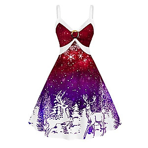 FEAPHY Women's Vintage Christmas Dress Elk Snowflake Print Sleeveless Flare Dress (3-Elk, M)