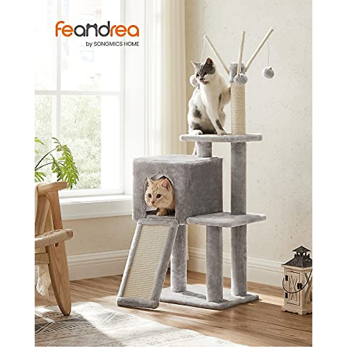 Feandrea Cat Tree, Small Cat Tower for Indoor Cats, Kittens, Multi-Level Plush Cat Condo, 16.5 x 12.6 x 46.5 Inches, Scratching Post, Ramp, 3 Removable Pompom Sticks, Cat Cave, Light Gray UPCT143W01