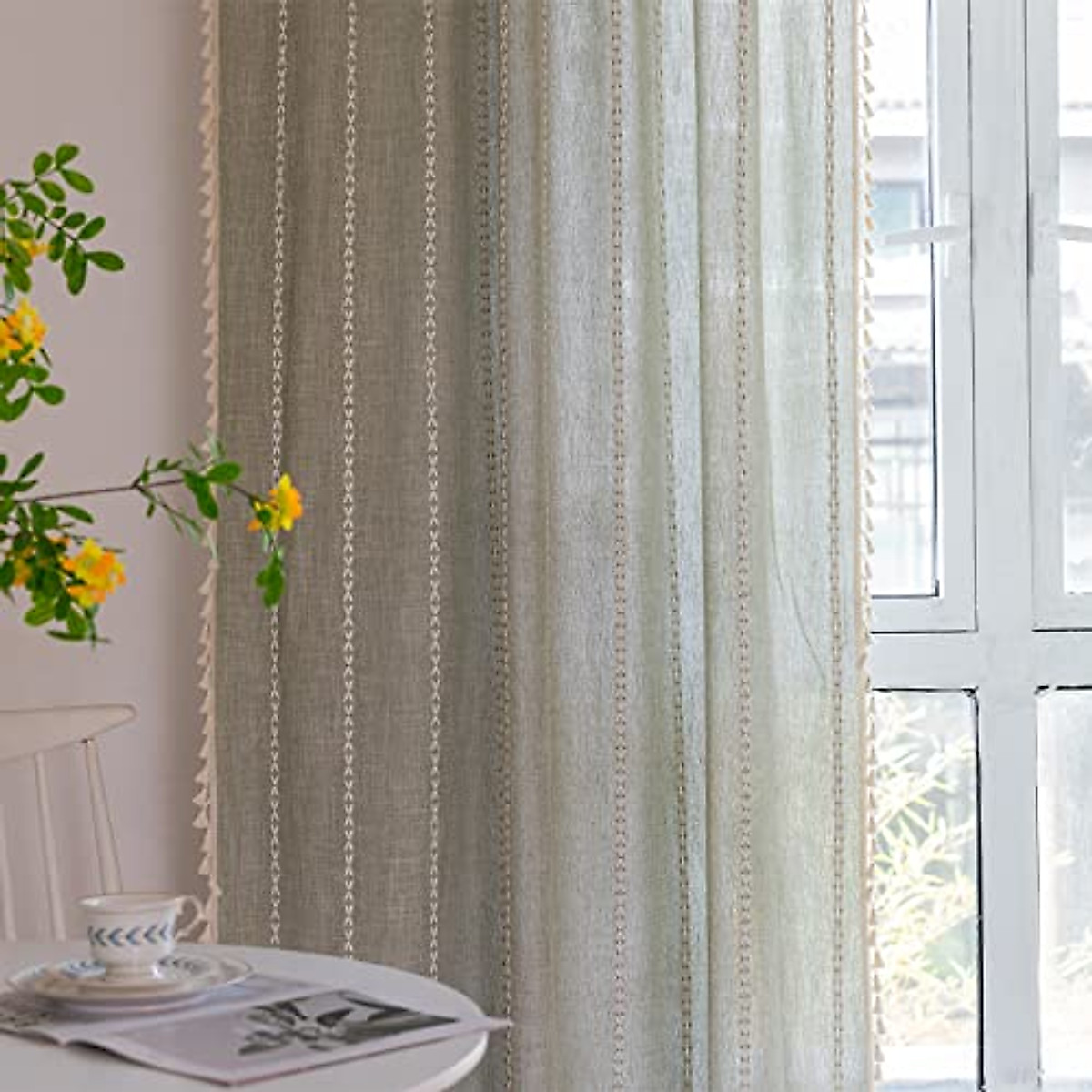 RoomTalks Sage Green Boho Farmhouse Curtains for Bedroom Living Room 84 Inch Length French Country Spring Cute Textured Window Curtain Panels Striped Bohemian Chic Tassel Draperies, 84’’L x 52’’W