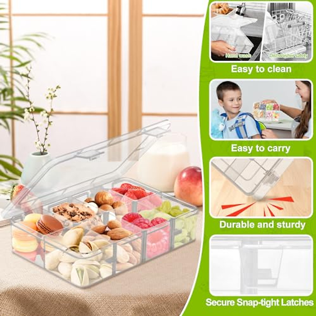 Snack Box Container, 2 Pcs Snackle Tray Adjustable 8 Compartments Divided Reusable Meal Prep Food Storage Containers Portable Snack Platters for School, Work, Travel, Picnics, Candy Organizer