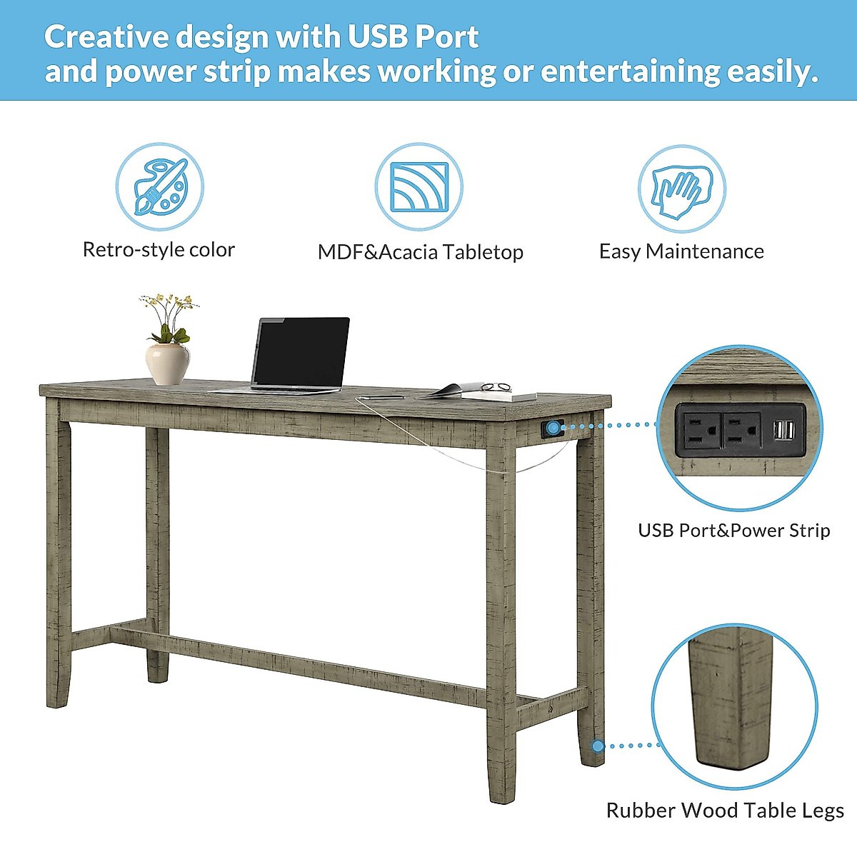 Merax 4-Piece Counter Height Bar Table Set with Socket and Fabric Padded Stools, Rustic Bar Dining Set, Gray Green