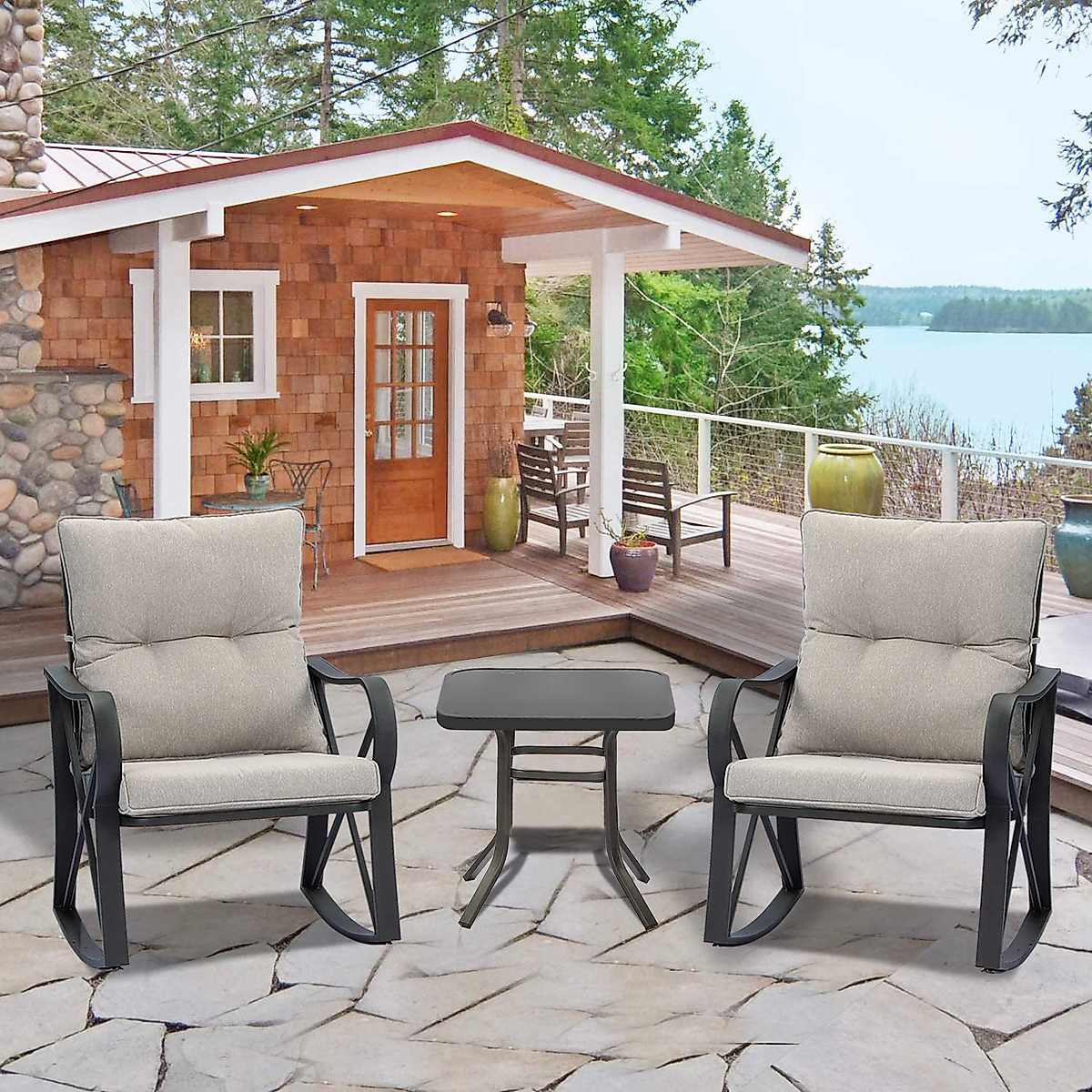 SUNBURY Outdoor Furniture 3-Piece Rocking Chair Set w Warm Gray Cushion, Tempered Glass Table - Elegant Patio Frame Bistro Chair for Backyard