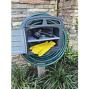 HelpMate Plastic Garden Water Hose Holder Wall Mount with 2 Shelf Cabinet for Garden Tools and Supplies- Matching Grey 8-pattern Garden Hose Spray Gun Included - holds up to 150 ft. Garden Hose