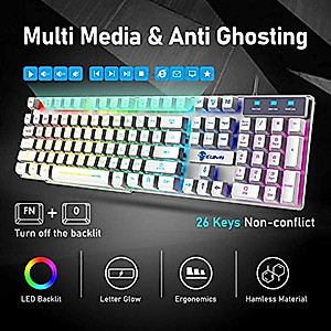 5 in 1 Combo Set Gaming Keyboard and Mouse, 12W HD Horn, Optical Mouse, Gaming Headset, RGB Dazzling Backlight Wired 104 Key Computer Keyboard (White)