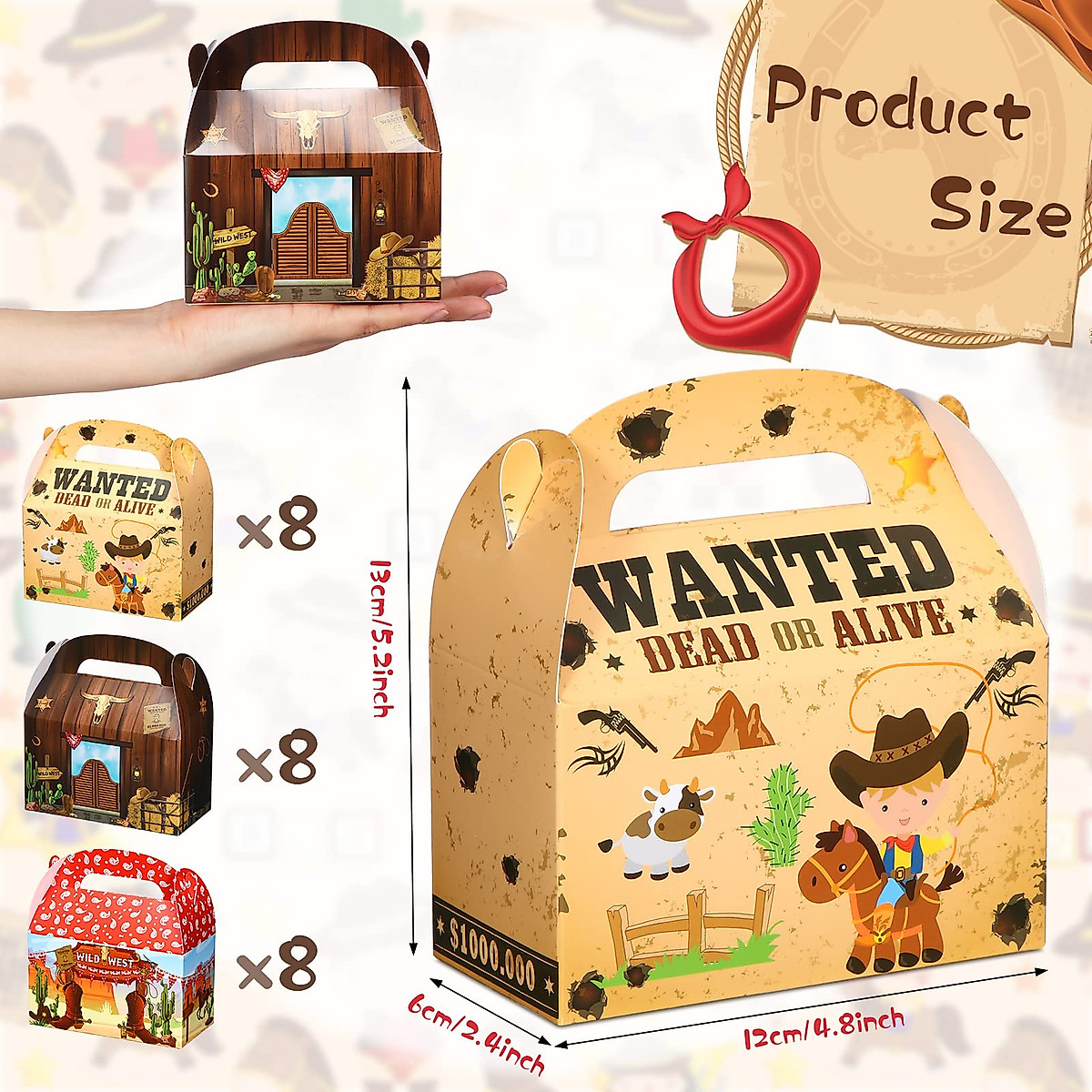 Sepamoon 24 Packs Western Party Favors Cowboy Goodie Treat Boxes Wild West Party Favors Gift Boxes Western Candy Boxes for Kids Baby Shower Western Cowboy Themed Birthday Party Decorations, 3 Designs