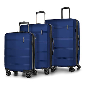 Swiss Mobility LAX Collection 3 Piece Hard Shell Luggage Set, Expandable Suitcases with 360-Degree Spinner Wheels, Retractable Handle, 20 Inch Carry On, 24 Inch Mid-size, 28 Inch Large Bags, Blue
