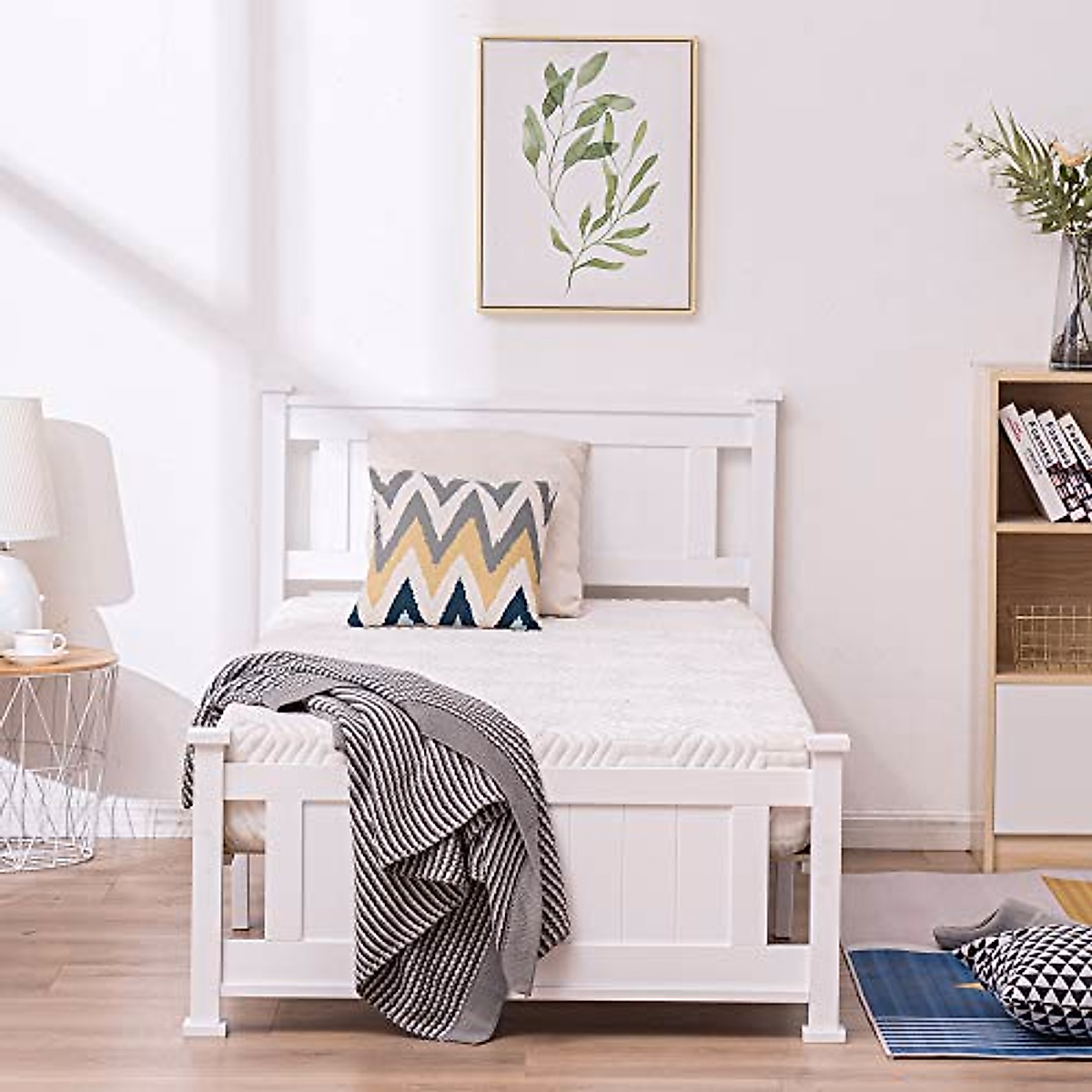 Bonnlo Twin Size Solid Wood Platform Bed Frame, Single Bed with Headboard, No Box Spring Needed Panel Bed, Wood Slat Support Mattress Foundation, White