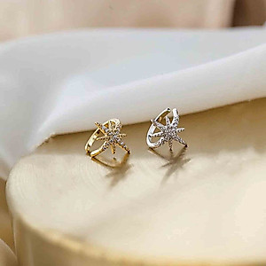 Yheakne Boho Northstar Ear Cuff Earrings Silver Starburst Wrap Earrings CZ Pave Star Cartilage Cuff Earrings Tiny Non Pierced Clip on Earrings Jewelry for Women and Girls (Silver)