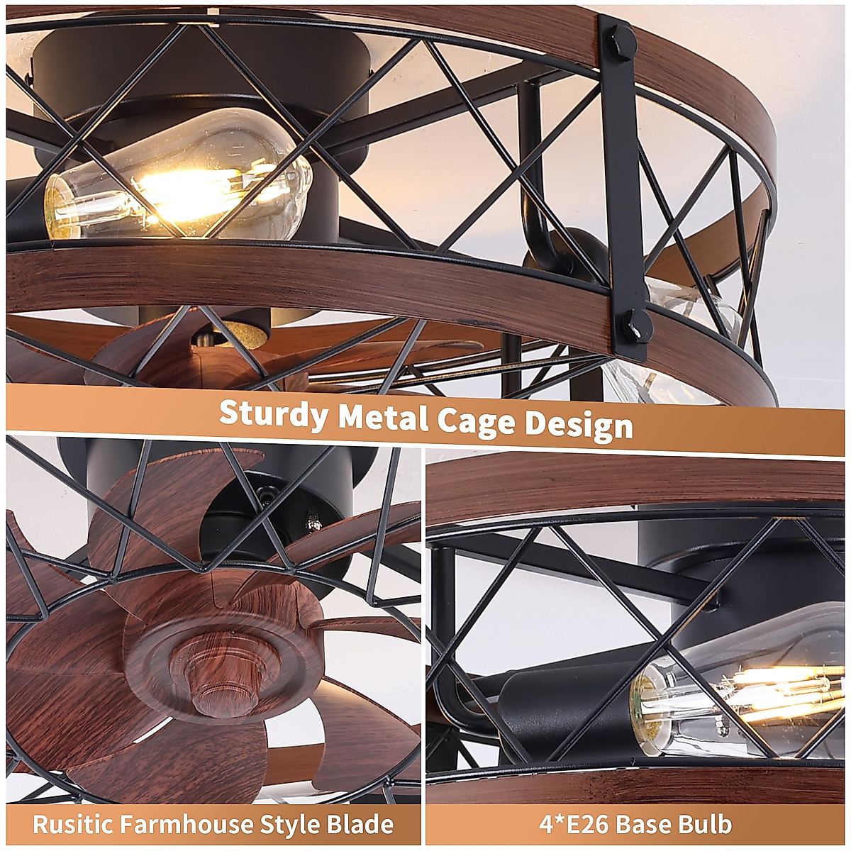 REDSTAR Retro Small Ceiling Fan with Light Remote Control, Ceiling Fans with Lights Flush-Mount, Low-Profile Ceiling Fan with Light, Caged Ceiling Fan with Light (Black)