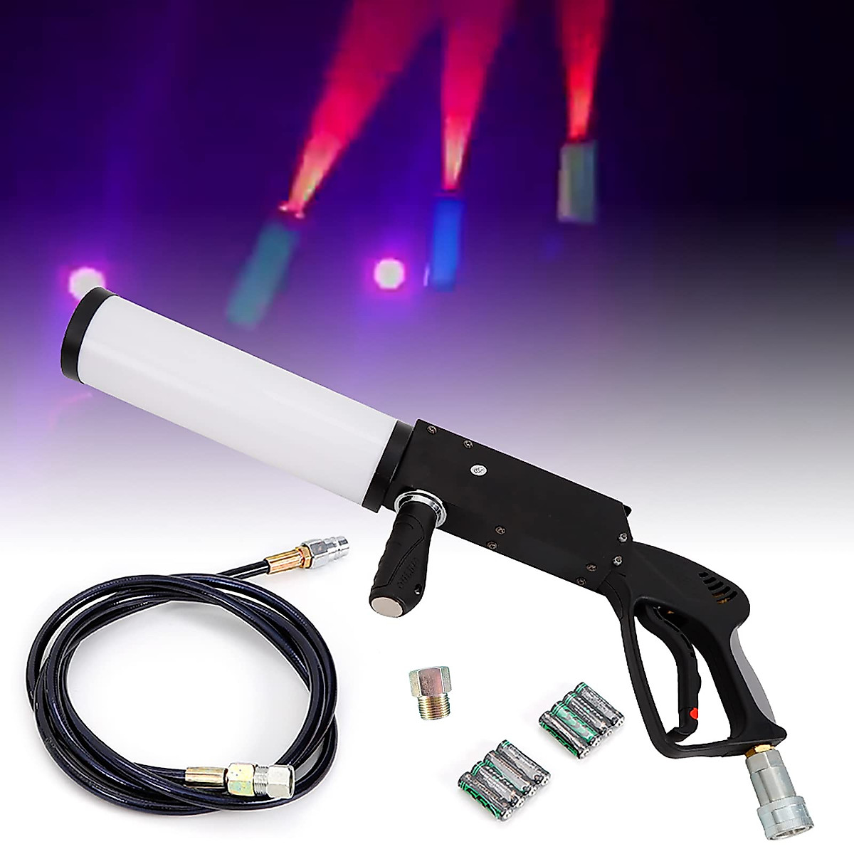 CO2 Jet Machine 20-26ft Spraying RGB LED Light CO2 Cryo Cannon Gun Stage Effect Smoke Fog Machine Club Bar DJ Effects Smoke Gun Fog Gun with 10ft Hose