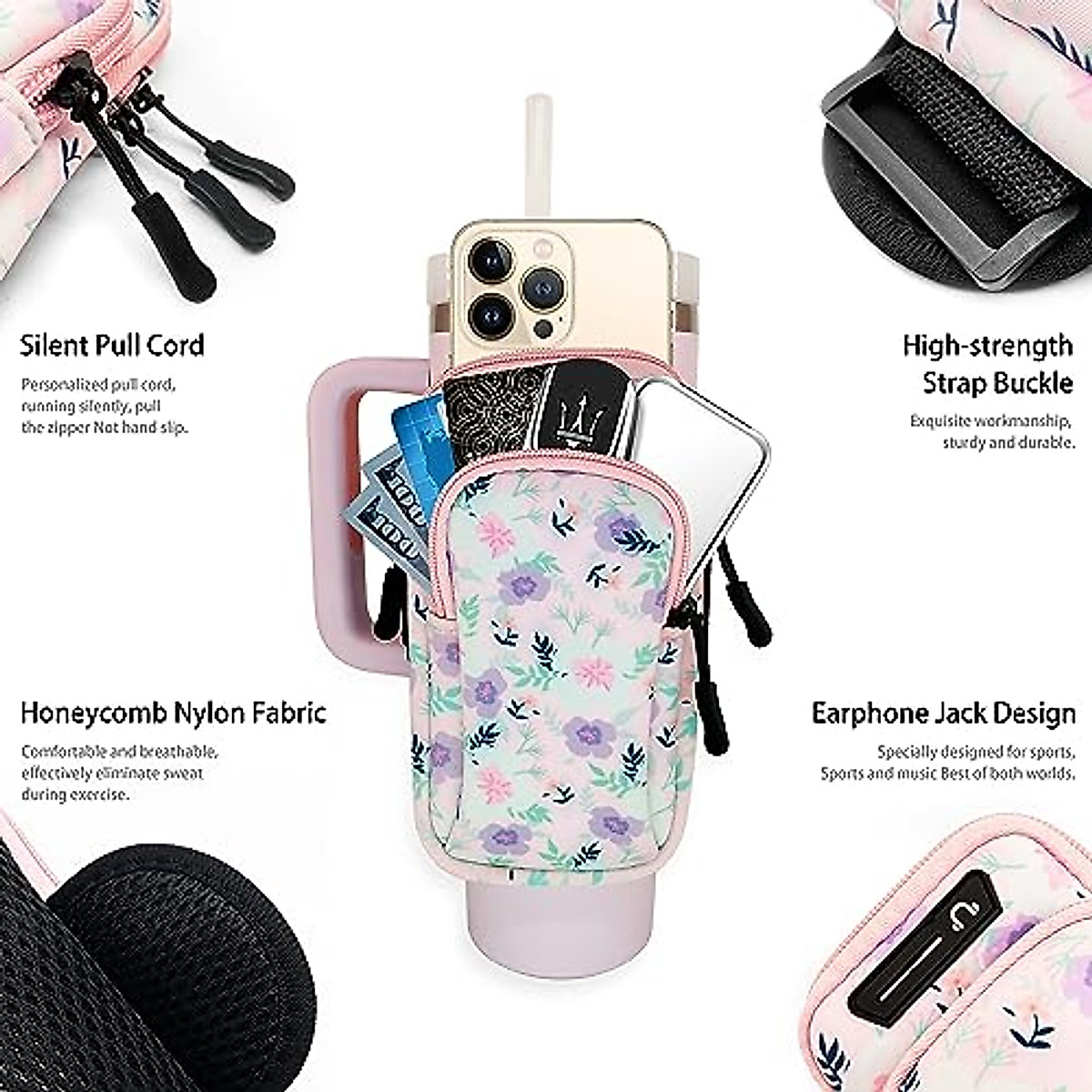 LAEENVCDE Water Bottle Pouch for Stanley Cup Quencher Adventure 40oz & Simple Modern 40oz Tumbler, Specially Designed for Fashionable Women with Phone Holder for Running(Pink)