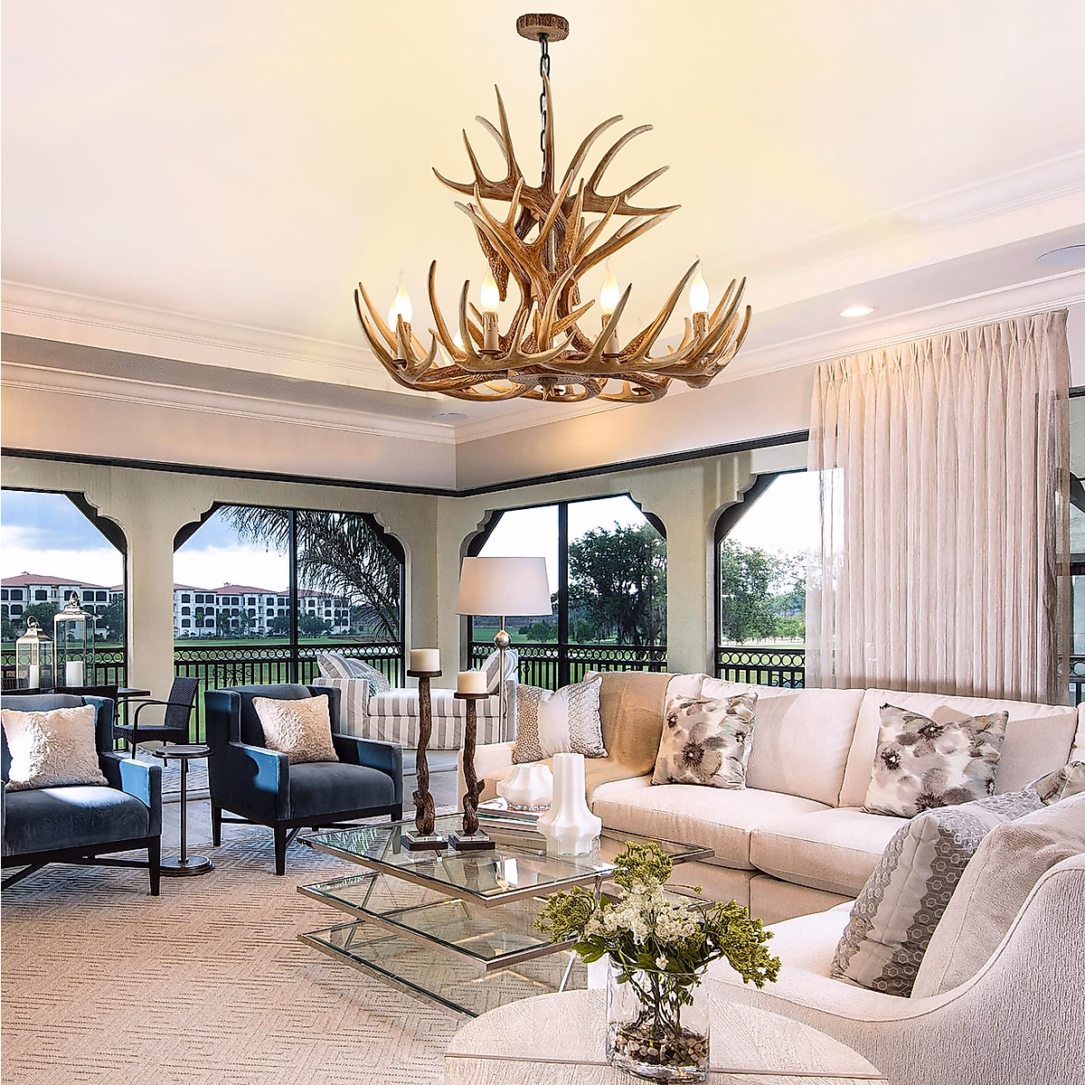 Hubrin Rustic Antler Chandelier 9-Light, Farmhouse Deer Antler Chandelier Lighting, Retro Antler Light Fixtures, Brown E12 for Home Store (9 lamp arms + 6arms)