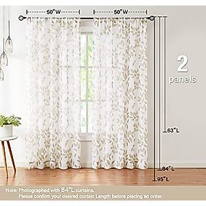 Leaf White Sheer Curtains for Living Room Bedroom 84inches Long Taupe Leaves Print Light Filtering Rustic Window Curtain Panels Botanical Linen Textured Look Drapes for Garden Patio Office 50” w 2pcs