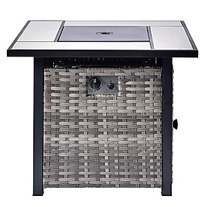 XIZZI 30 Inch Gas Fire Pit Table,50,000 BTU Stainless Steel Fire Table with Lid and Volcanic Rock, All Weather Wicker Outdoor Square Propane Fire Pits for Outside,30 * 30 * 25 Inches Grey Wicker