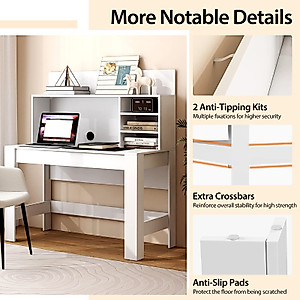 Giantex White Computer Desk with Bookshelf, 48" Home Office Writing Desk with Anti-Tipping Kits & Cable Management Hole, Modern Study Table Workstation for Small Space Bedroom