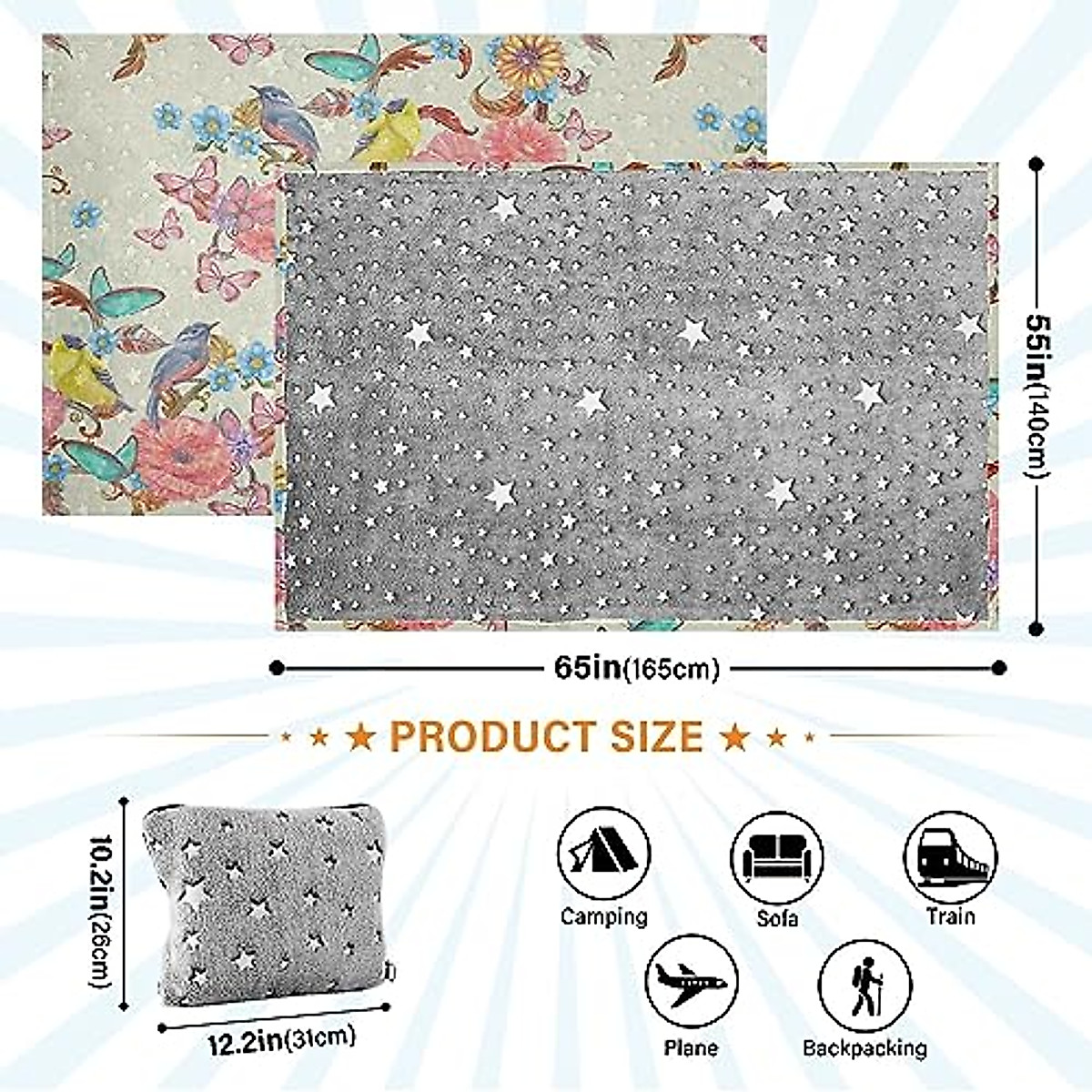 Joko Ivery Flowers Birds Butterflies Premium Soft Travel Blanket Pillow Airplane Blanket with Hand Luggage Belt & Backpack Clip Travel Blanket 2 in 1 for Airplane Car Office Camping