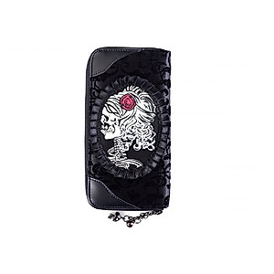 Lost Queen Black Flocked Cameo Skull Lady Rose Gothic Zip Around Wallet