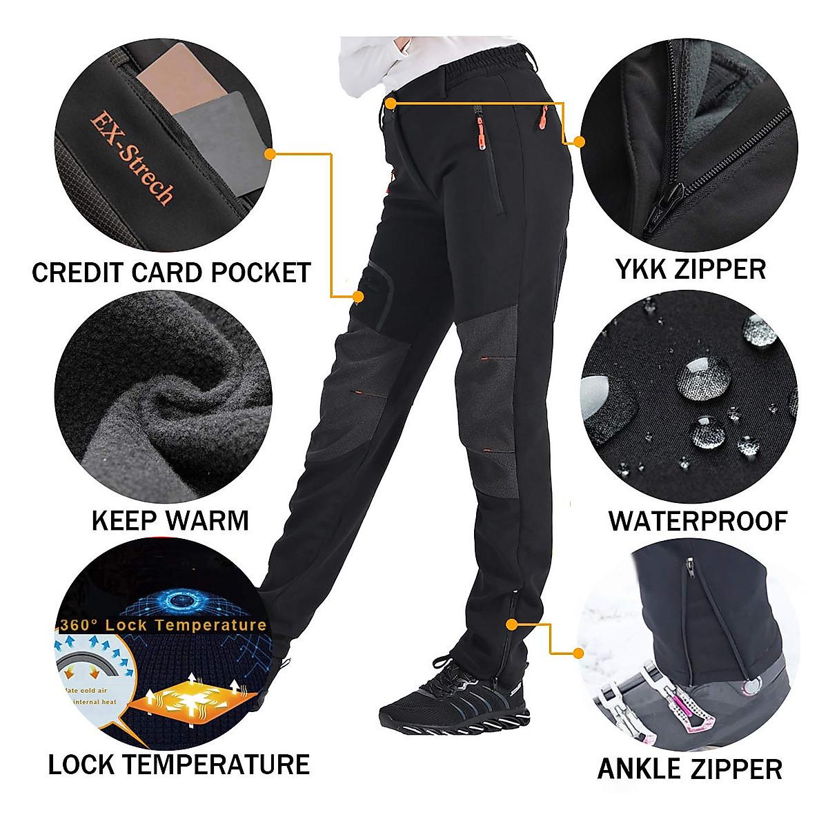Postropaky Womens Outdoor Snow Ski Pants Waterproof Hiking Insulated Softshell Pants Snowboard Zipper Bottom Leg(Black10S)