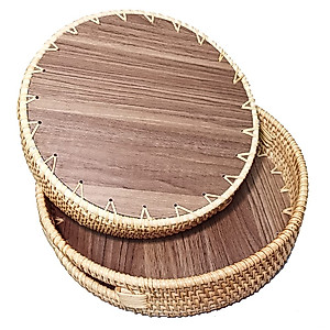 Round Rattan Woven Serving Tray with Handles and Wooden Base, 10.5”Wicker Decorative Basket with 2”Wall for Fruit Serving, Vanity Organizer, Coffee Table Tray, Kitchen Storage Display, Exxacttorch