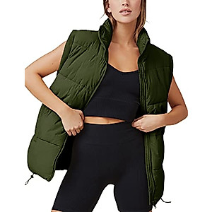 Watashi Women's Quilted Puffer Vest Stand Collar Fall Drawstring Zip Up Sleeveless Gilet Jacket(ArmyGreen-M)