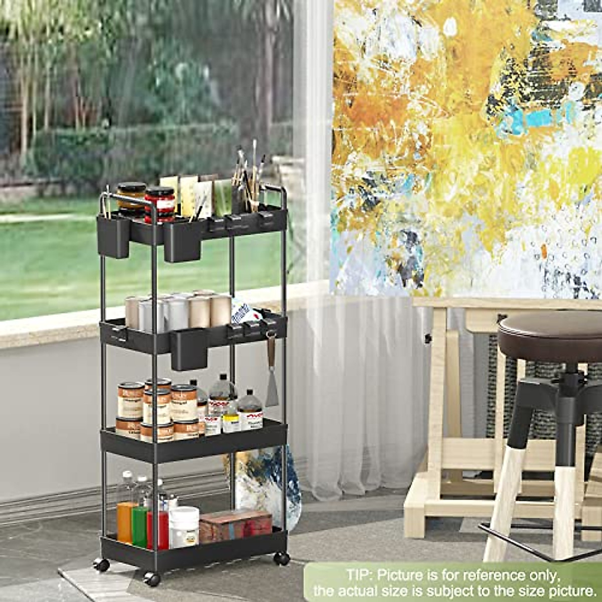 Mosxoed Slim Storage Cart Rolling Utility Cart with Wheels 4 Tier Mobile Bathroom Organizer Cart for Laundry Room Kitchen Office Narrow Space with Handle Hanging Cups Dividers, Black, 35" H