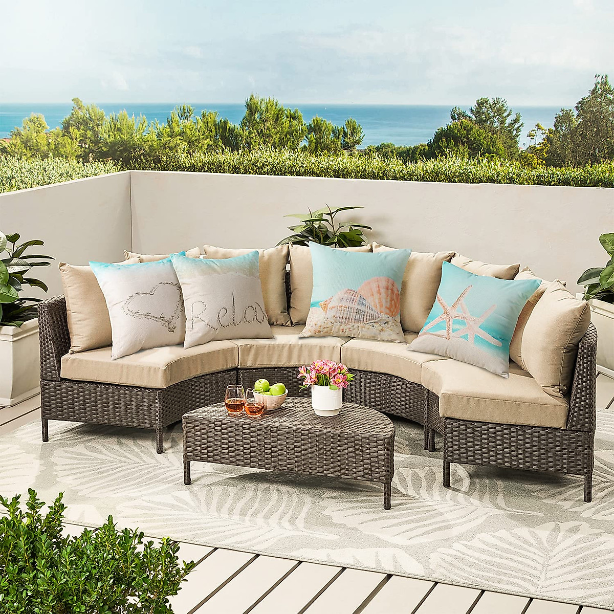 OTOSTAR Waterproof Summer Decorations Outdoor Throw Pillow Covers Linen Starfish Shell Pillow Covers Pack of 4 Square Cushion Case Garden Pillowcase 18x18 Inch for Patio Furniture Couch Tent (Beach)