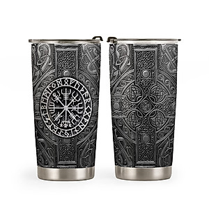 20oz Viking Gifts for Men, Norse Mythology Gifts, Valentines Day Gifts for Him, Birthday, Inspirational Gifts, Vegvisir Viking Symbol Tumbler Cup, Insulated Travel Coffee Mug with Lid