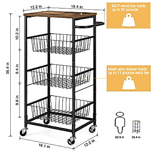 smusei Kitchen Cart on Wheels 4 Tier Metal Moveable Kitchen Cart with Storage Rolling Utility Storage Cart with Pull Out Baskets for Home, Bathroom, Pantry